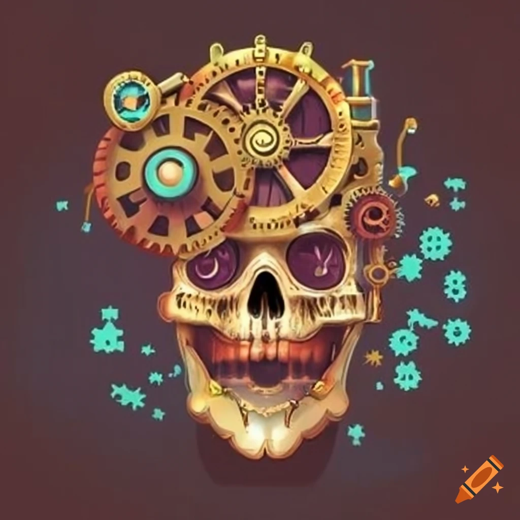 Steampunk skeleton adorned with cogs and gold