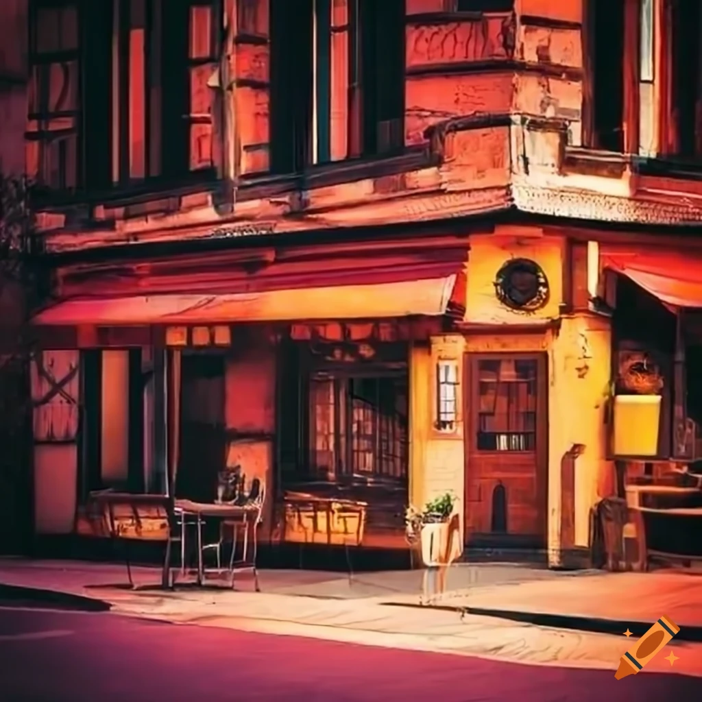 Vibrant street in front of a cafe