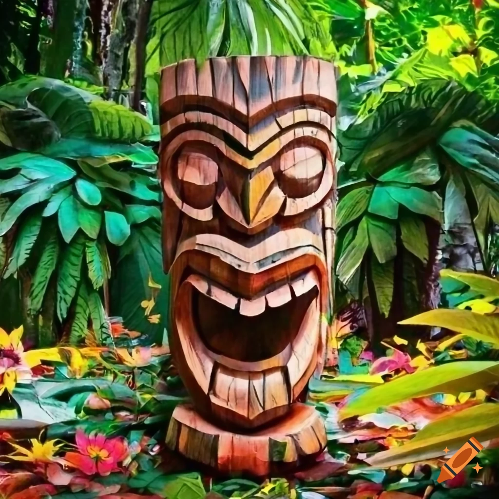 Wood carving of a tiki head surrounded by colorful flowers on Craiyon