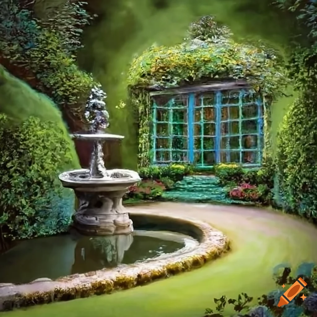 Painting of a Victorian garden with a palace and curved stairs on Craiyon