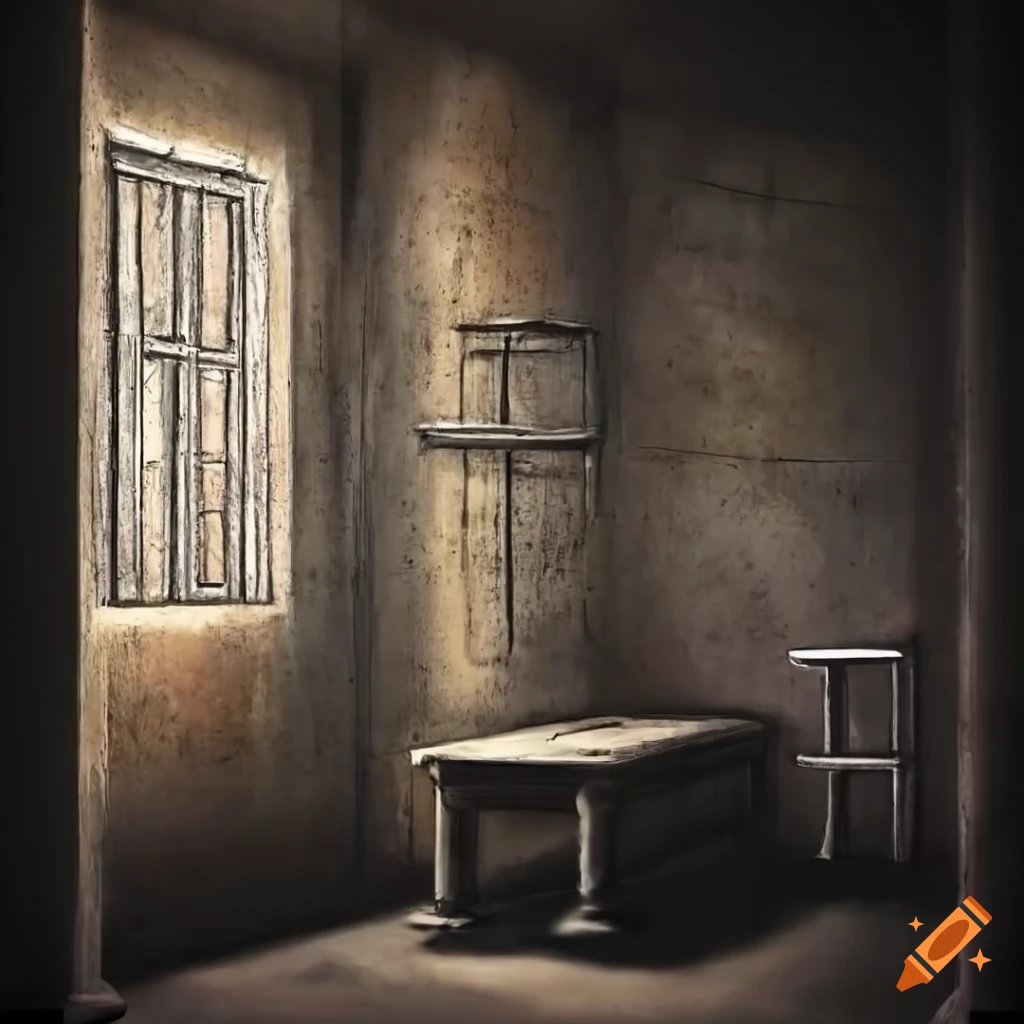 Prison cell with a chalk drawing of a computer on Craiyon