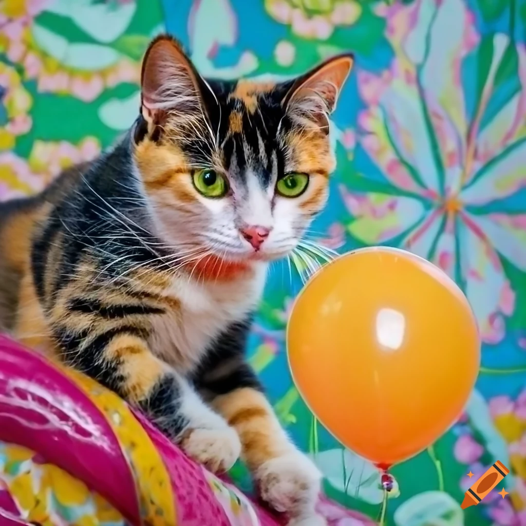 Calico cat playing with a multicolor balloon