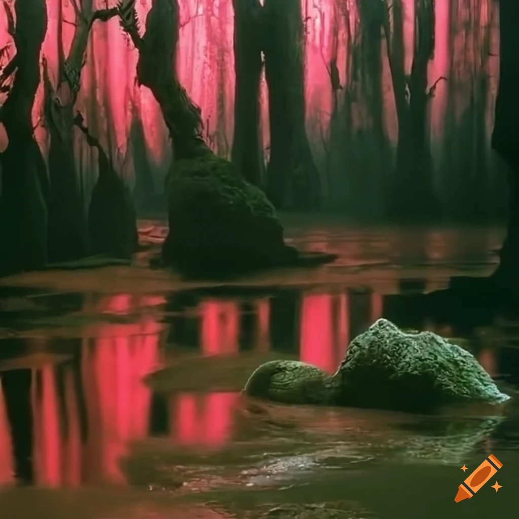 Mossy stone ruins in a swamp with red lights on Craiyon