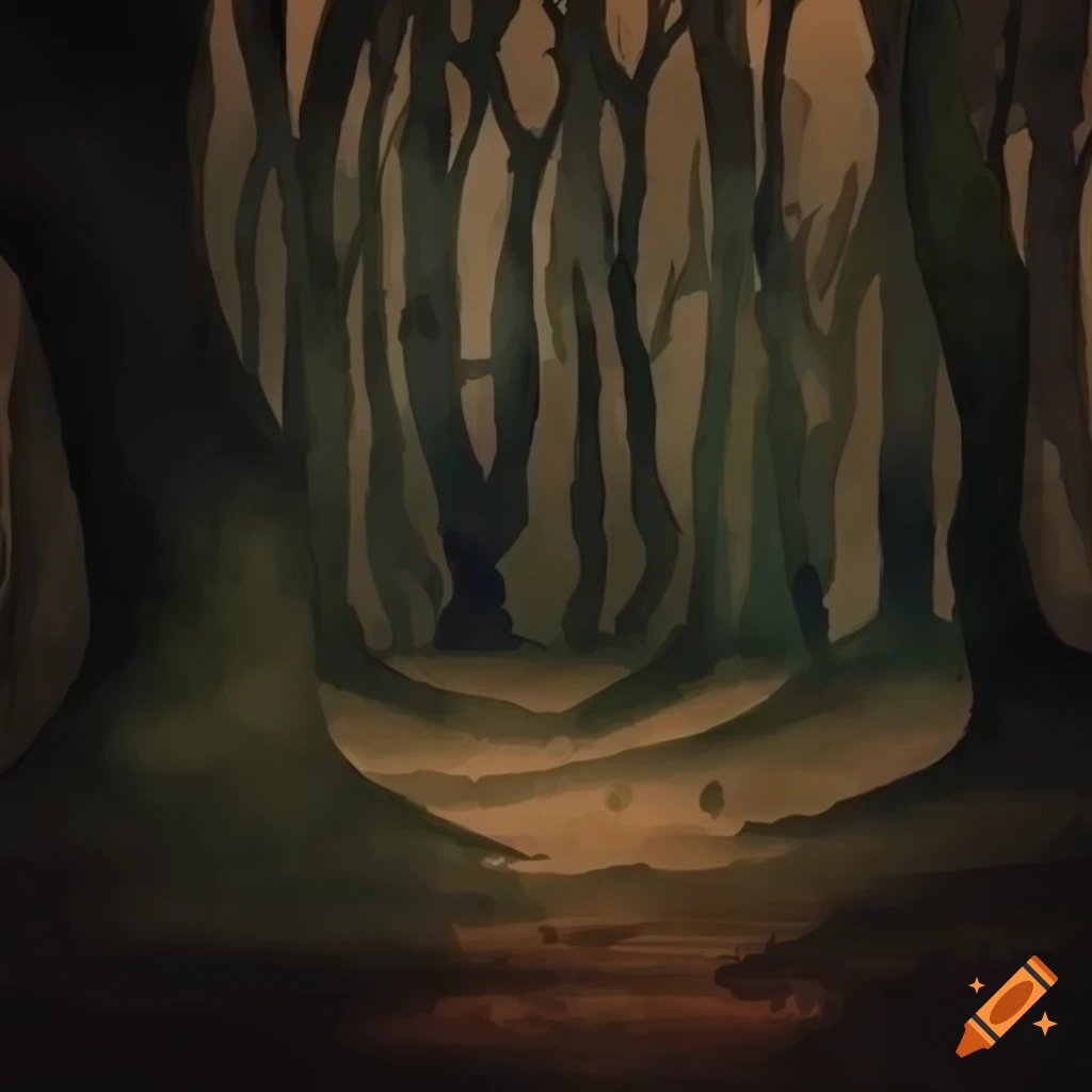 Watercolor painting of a dark forest valley