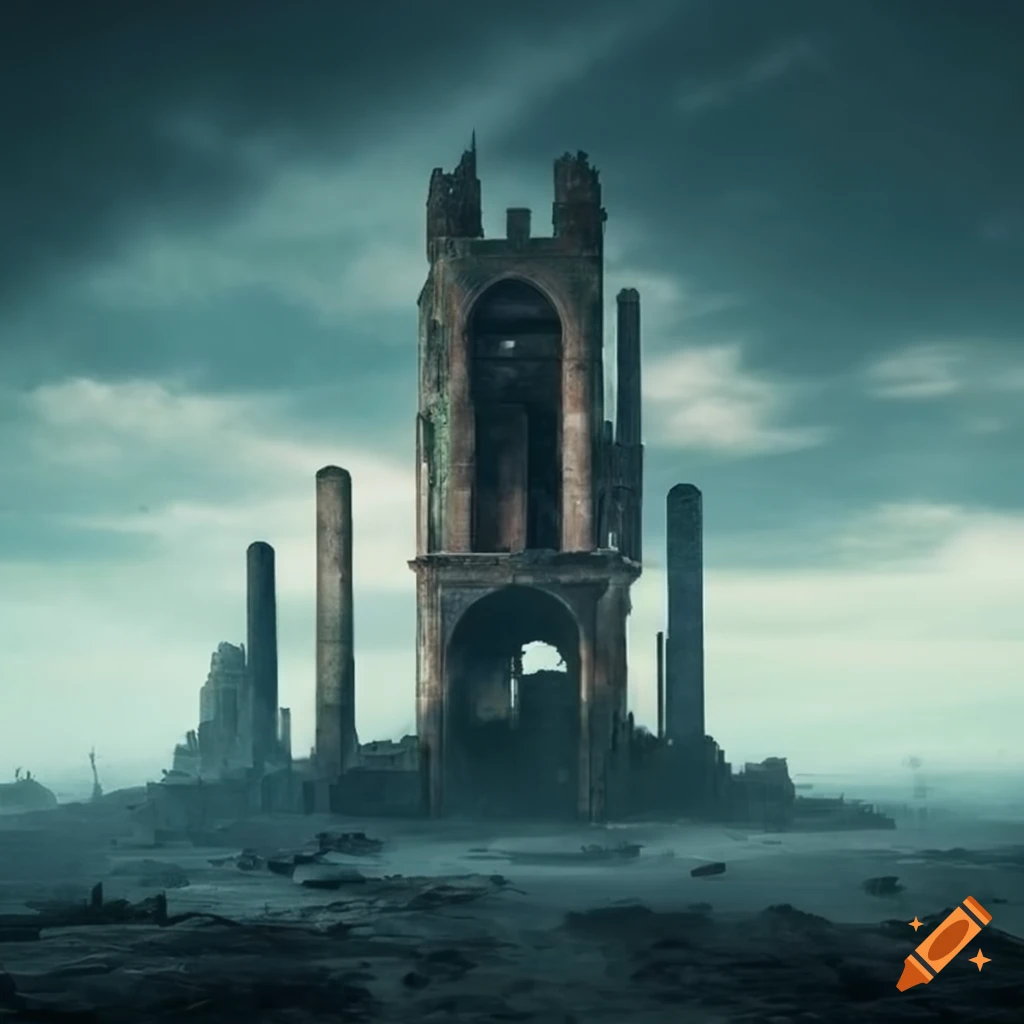 Surreal architectural ruins in a desolate landscape