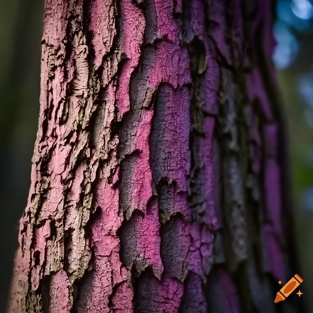 Close up of a tree with pink bark and blue pearls on Craiyon