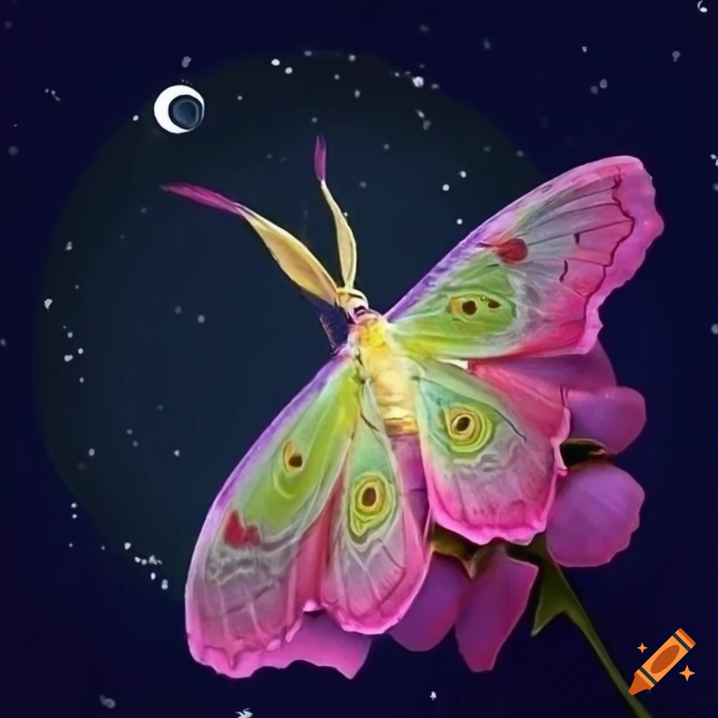Image of a luna moth on a rose with crescent moon and stars on Craiyon