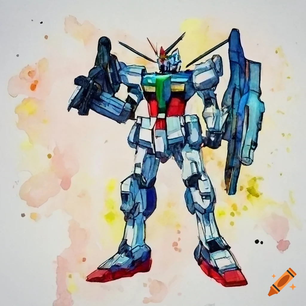Watercolor illustration of a vibrant Gundam artwork on Craiyon