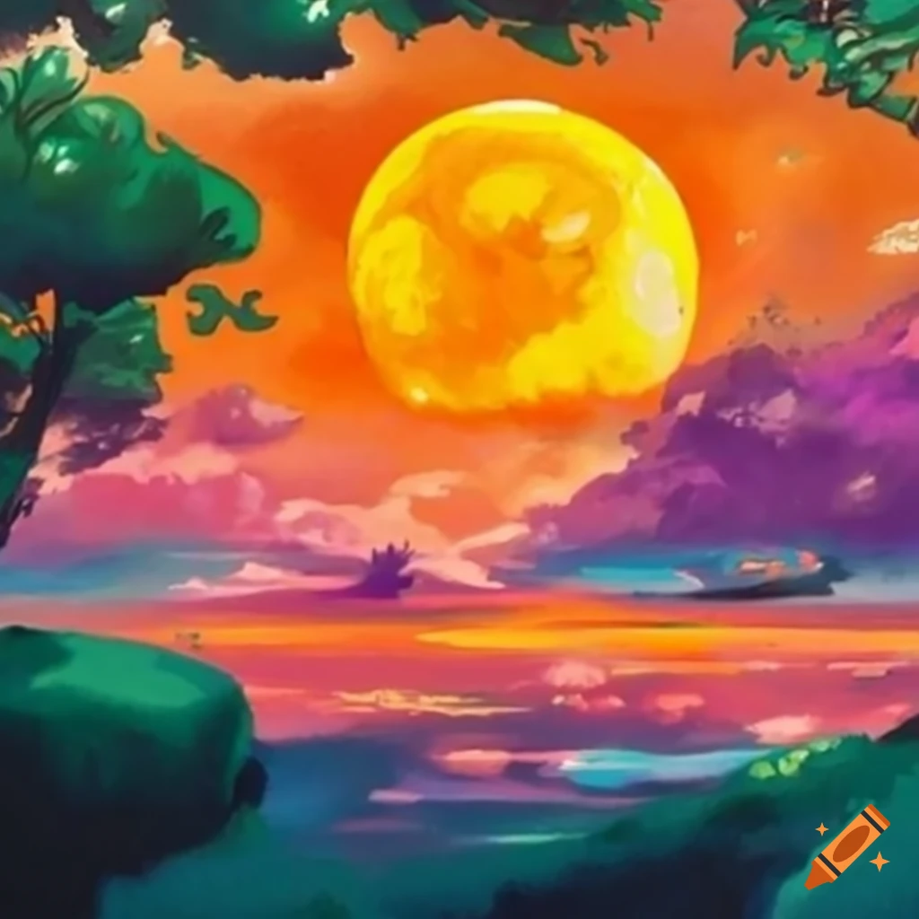 Painting of a scenic sunset with moon