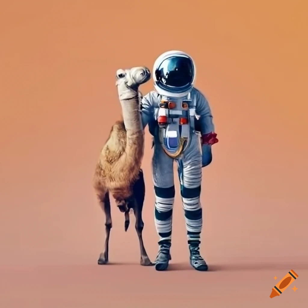 Astronaut with a space-helmet standing next to a camel