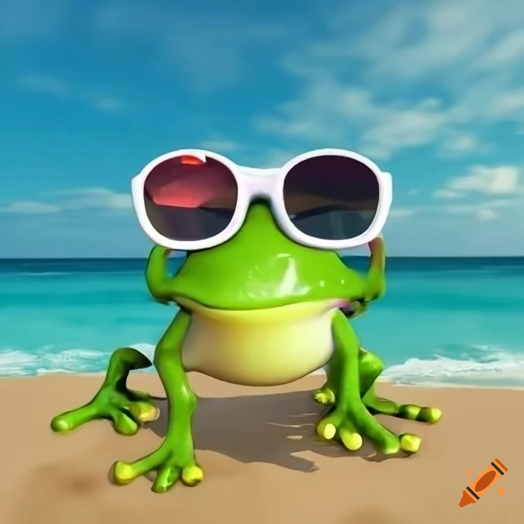 3d art of a cool frog on the beach on Craiyon