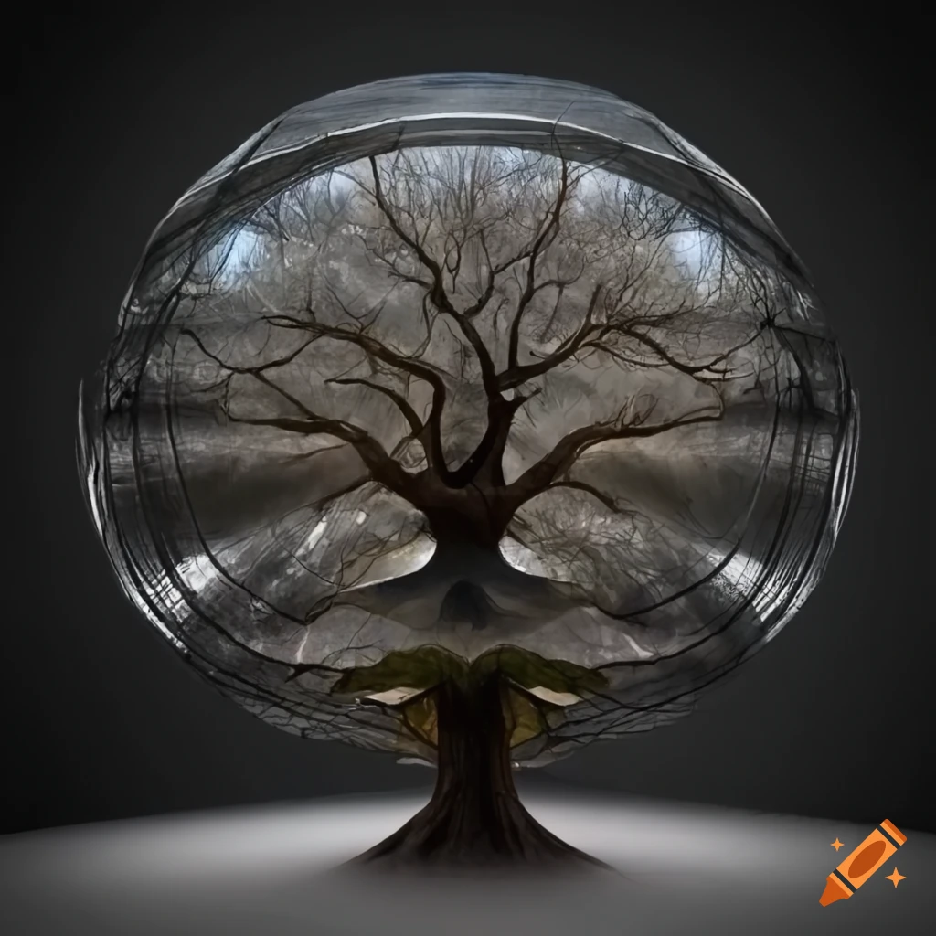 Artwork of a tree enclosed in a glass dome
