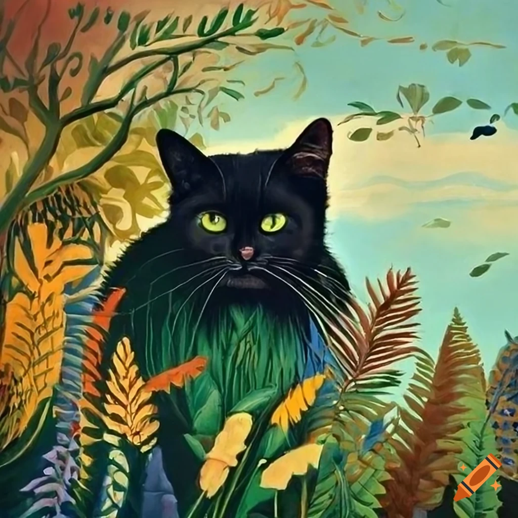 Douanier Rousseau painting of a black cat in a field on Craiyon