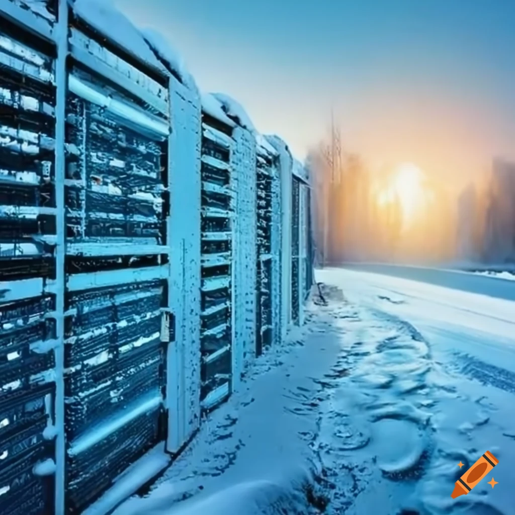 Racks in a data center on a snowy day