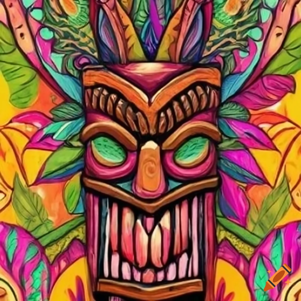 Colorful tiki head surrounded by leaves and flowers