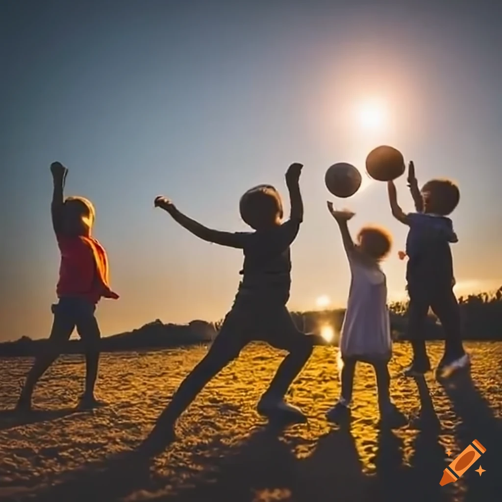 Children playing ball at sunset on Craiyon