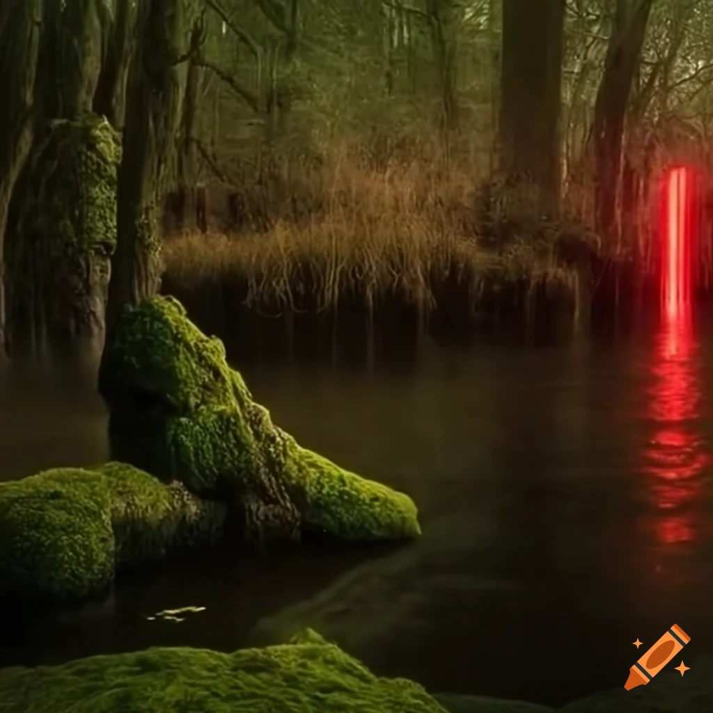 Ancient ruins in a mossy swamp with red lights on Craiyon
