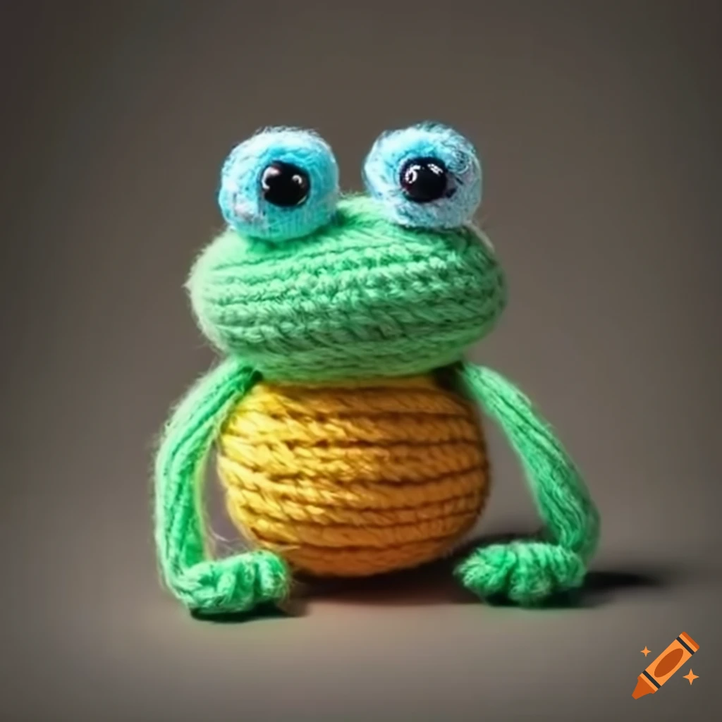 Crochet yarn frog toy with a big smile on Craiyon