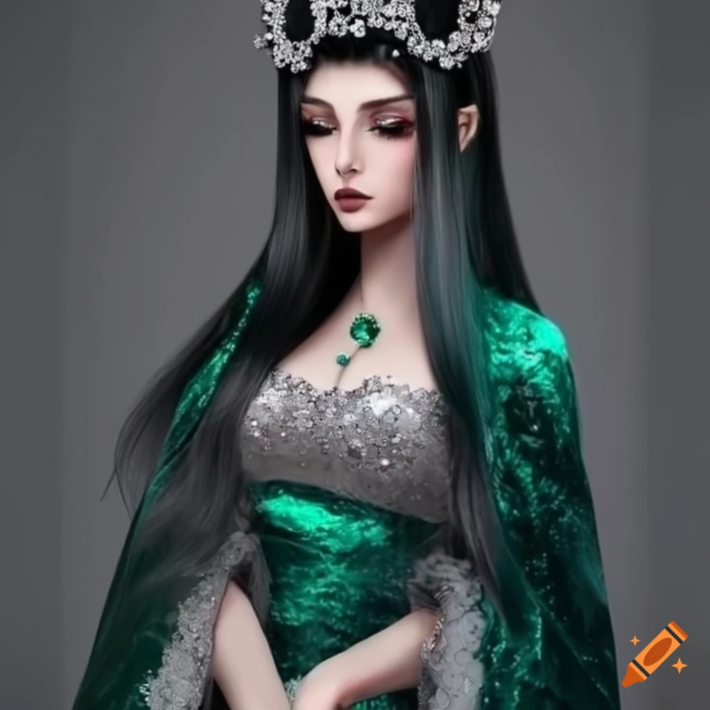 Elegant princess with long black hair in a green sequin dress on Craiyon