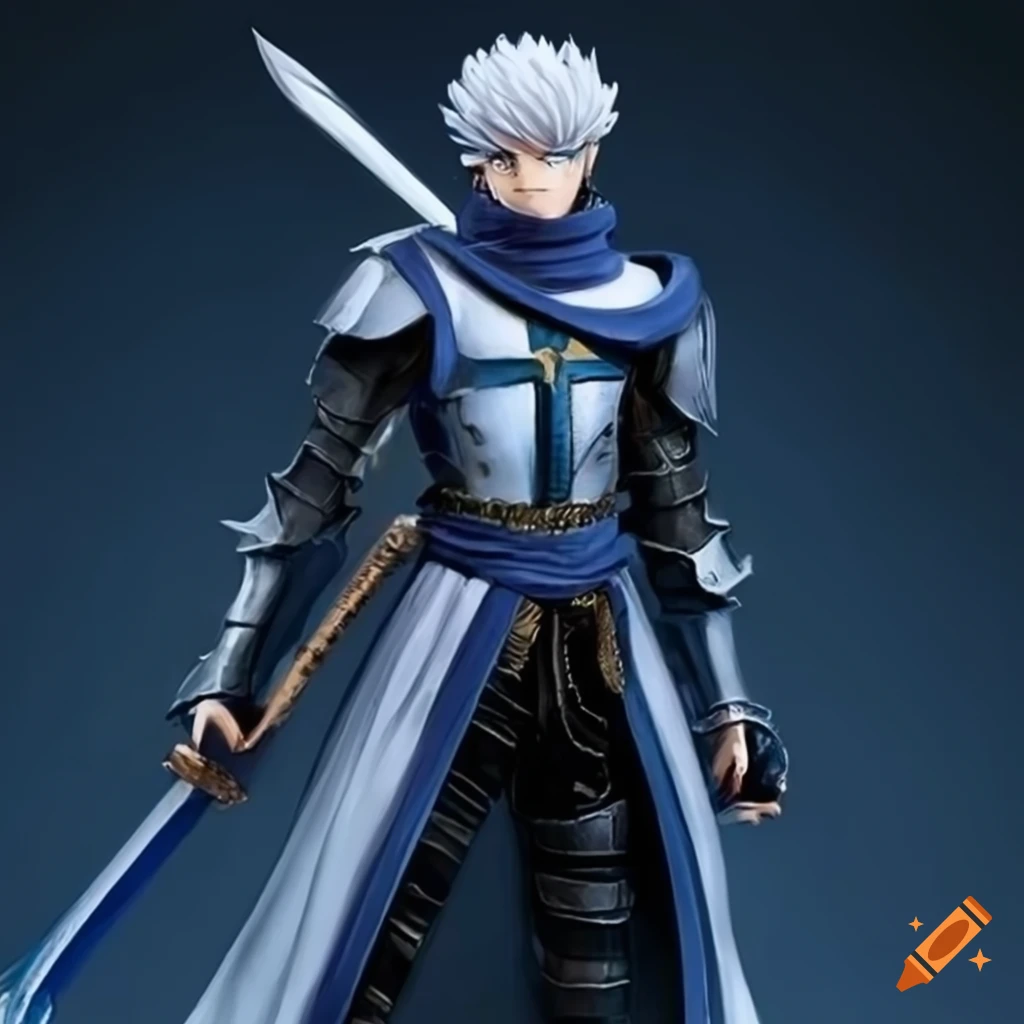 Blue and white armored knight with sword