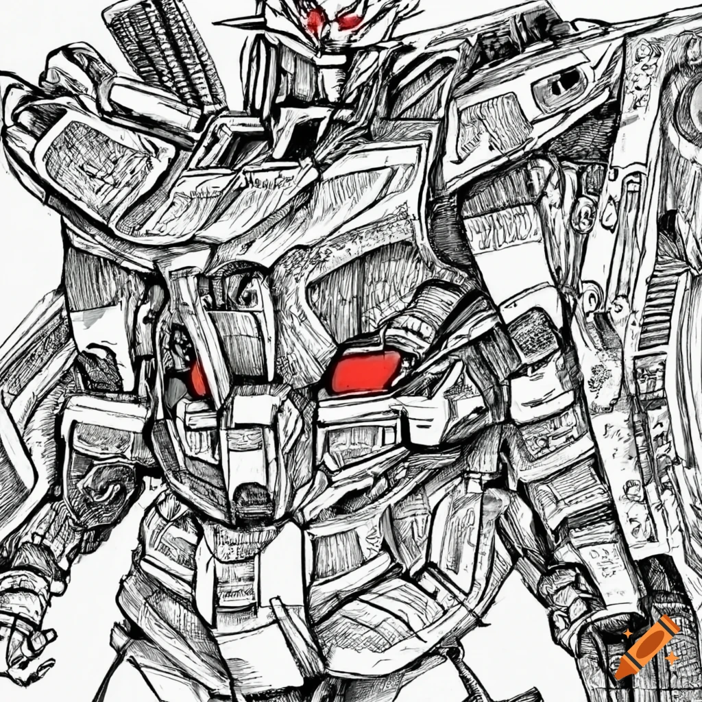Detailed pen and ink illustration of a gundam with weapons on Craiyon