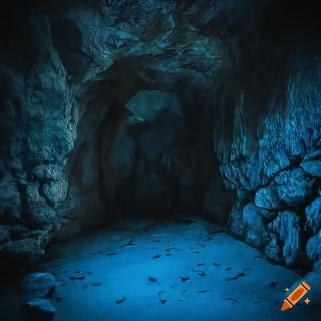 Blue-lit interior of a closed room in a cave on Craiyon