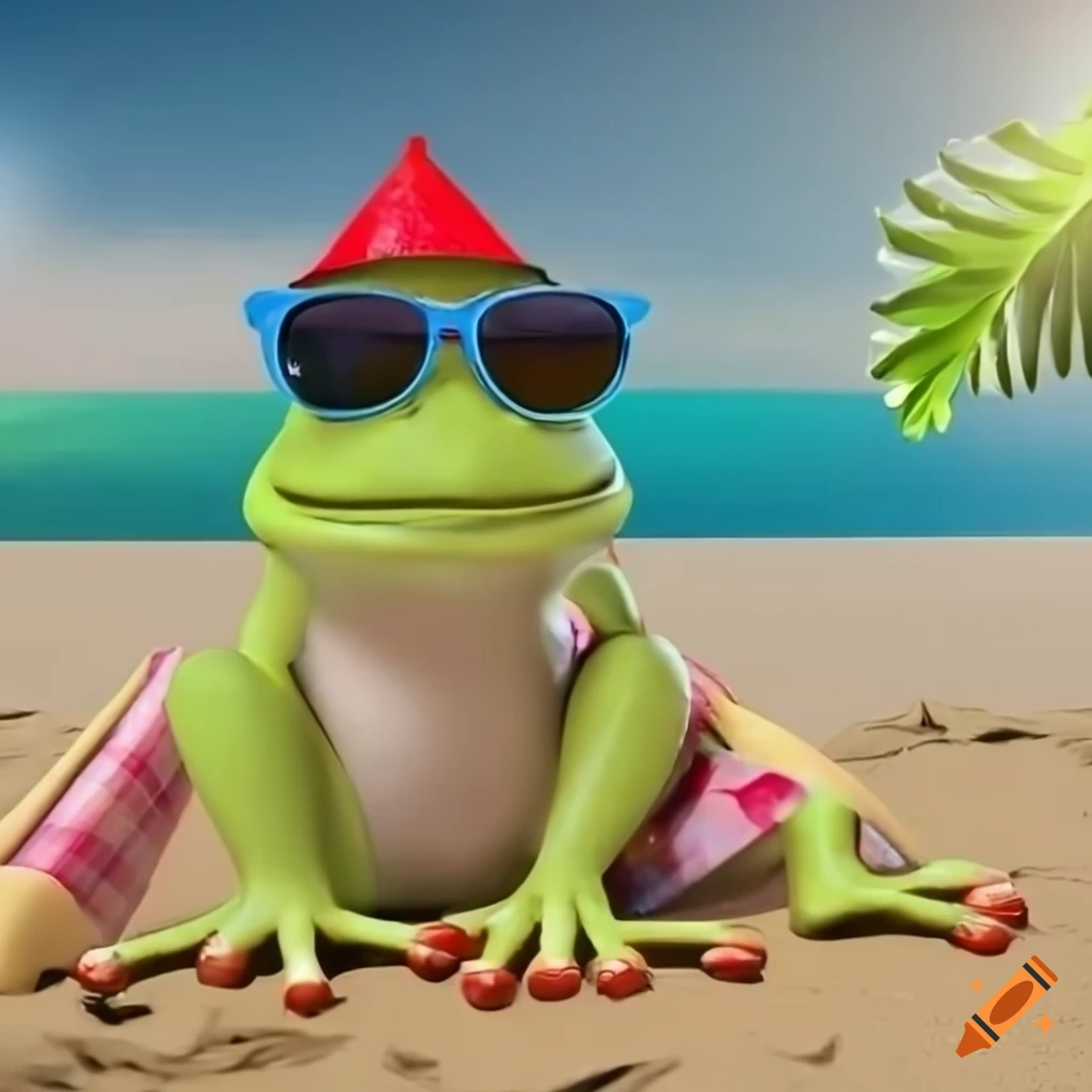 3D funny frog on a beach with sunglasses and a drink on Craiyon