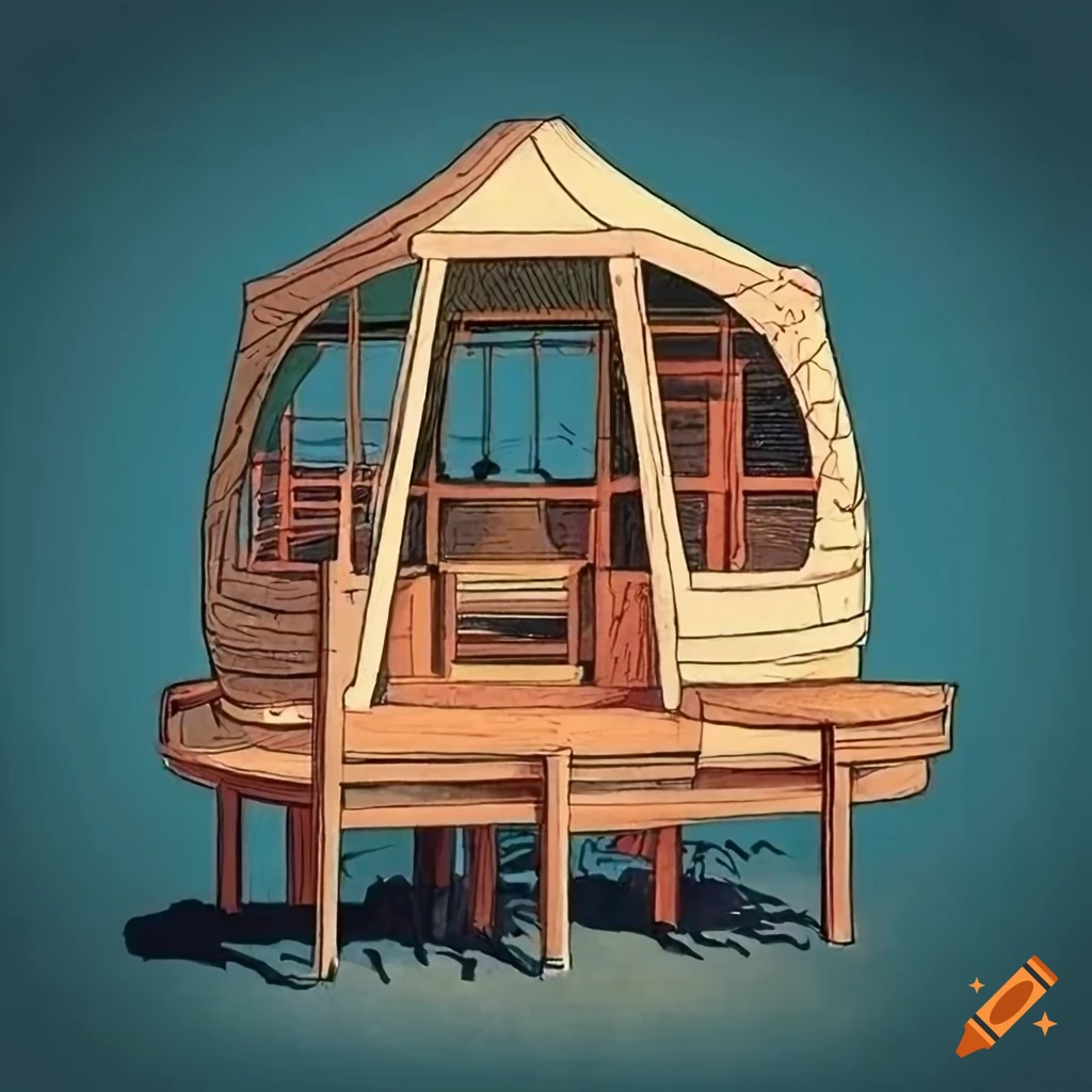Japanese woodblock-inspired technical drawing of a living pod with ...