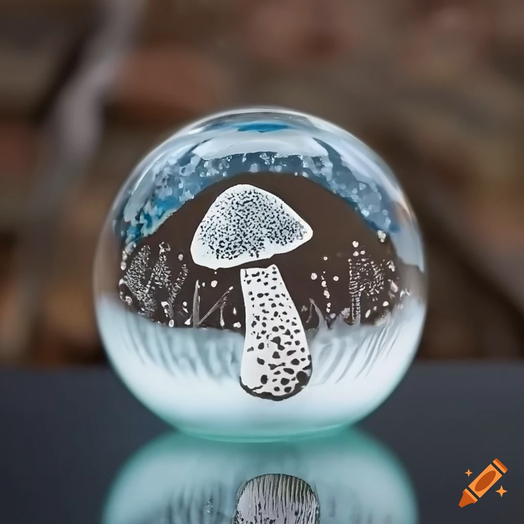 Glass ball with etched mushroom design on Craiyon