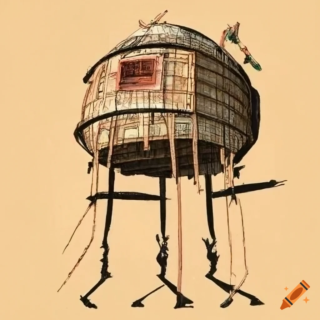 Sumi-e style technical drawing of a unique living pod on Craiyon