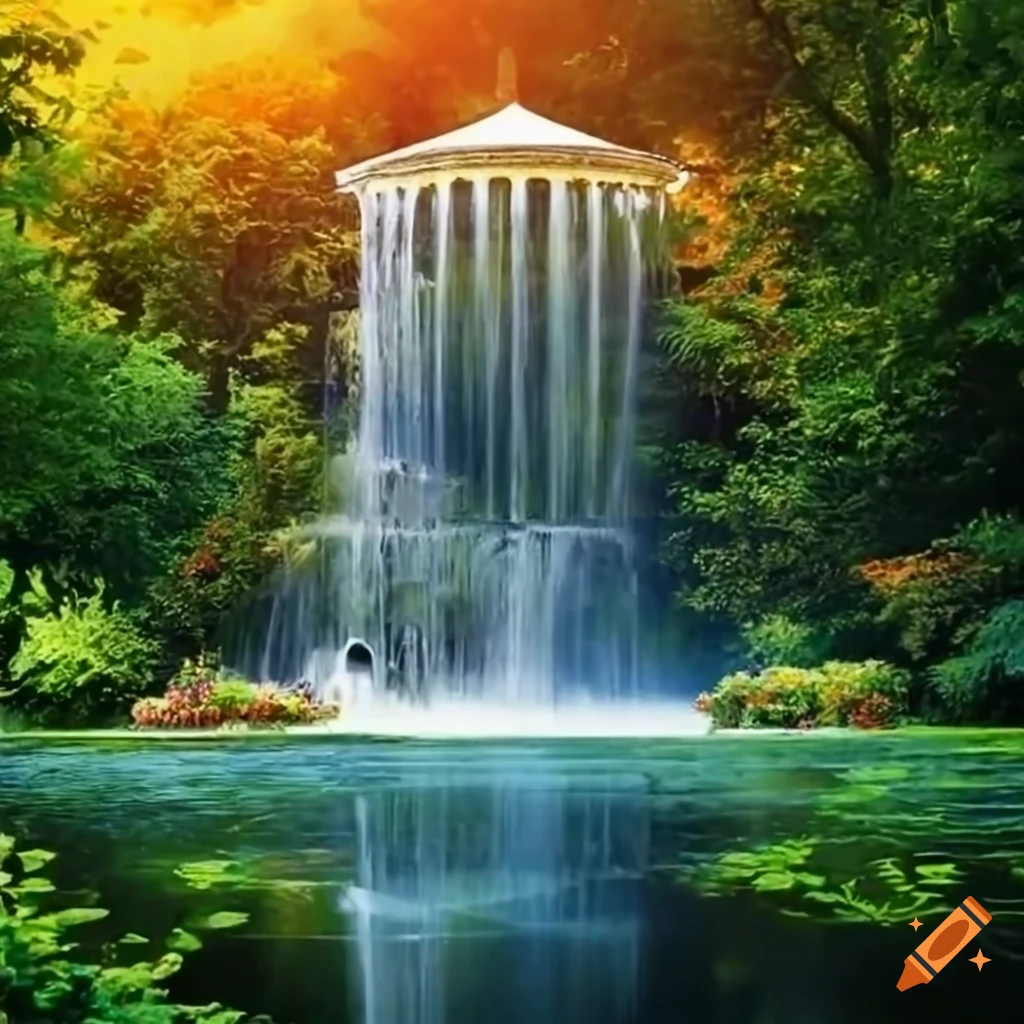 Beautiful victorian garden with pond and waterfall