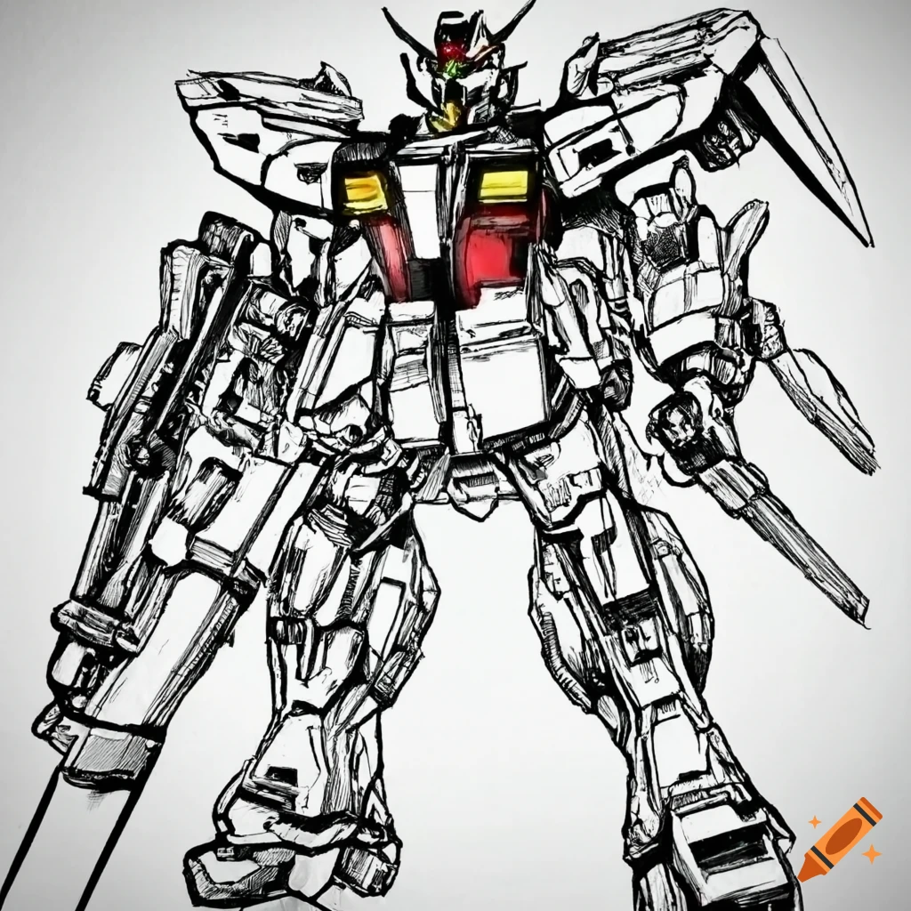 Detailed pen and ink illustration of a gundam with weapons on Craiyon