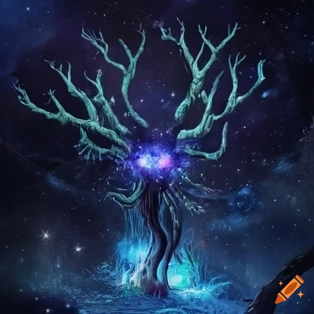 Tree spirit fantasy design with sharp contrasts and white edges on Craiyon