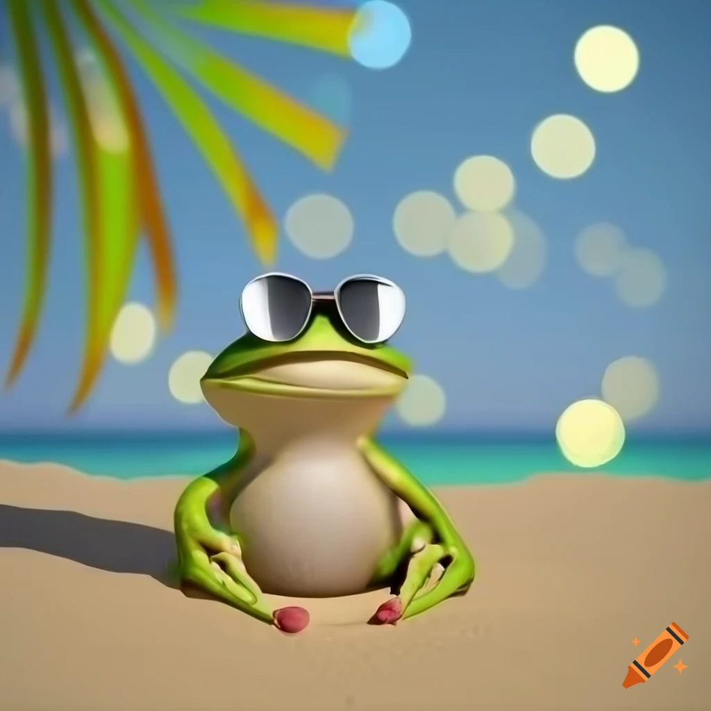 3D cool frog on a beach with sunglasses on Craiyon