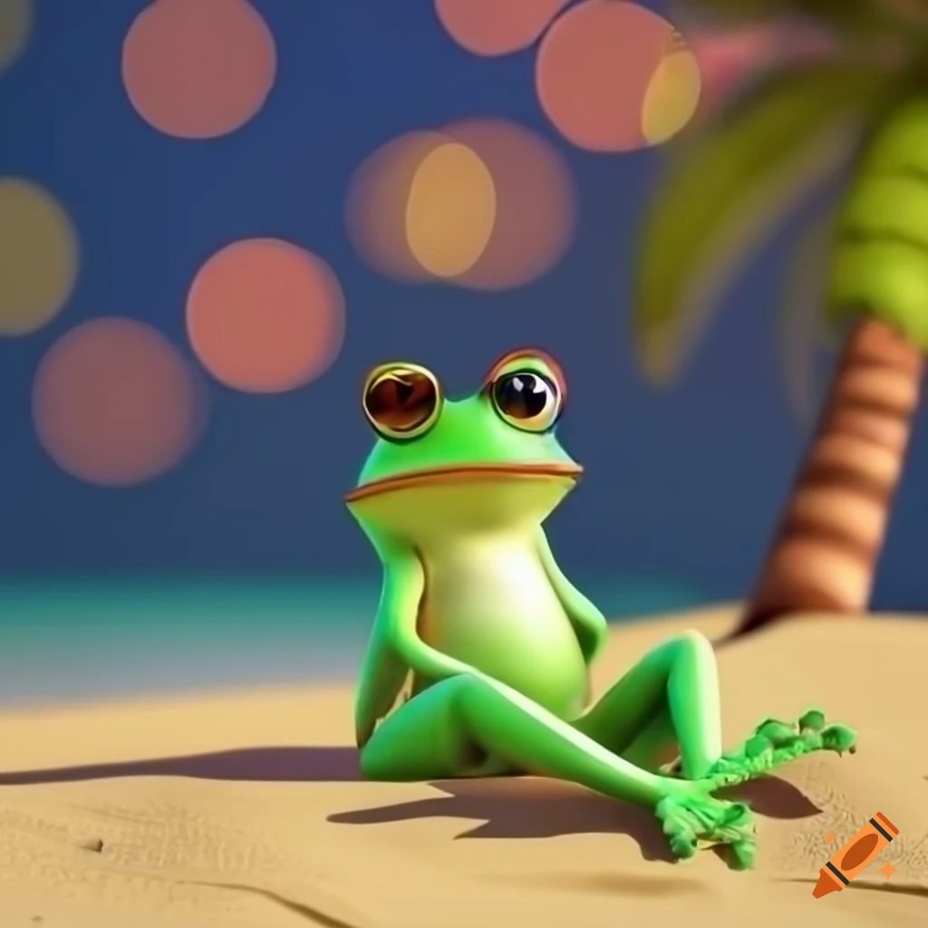 3D cool frog on a beach with sunglasses on Craiyon