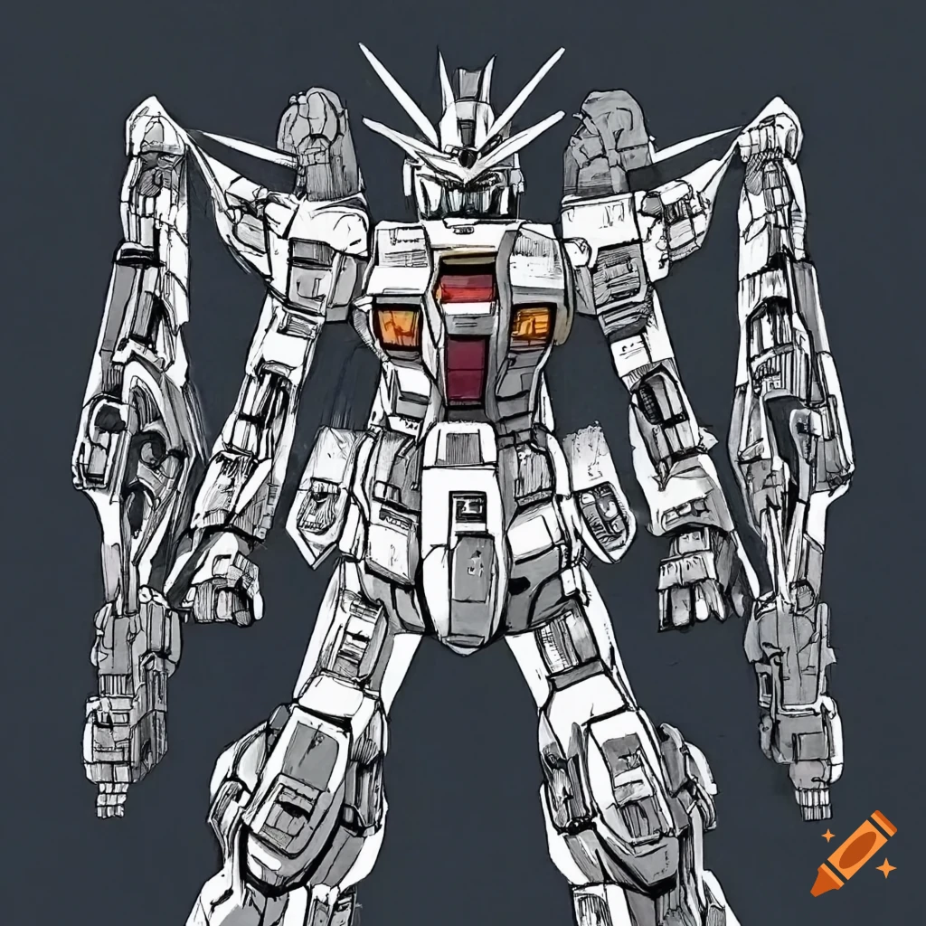 Detailed pen and ink illustration of a gundam with weapons on Craiyon