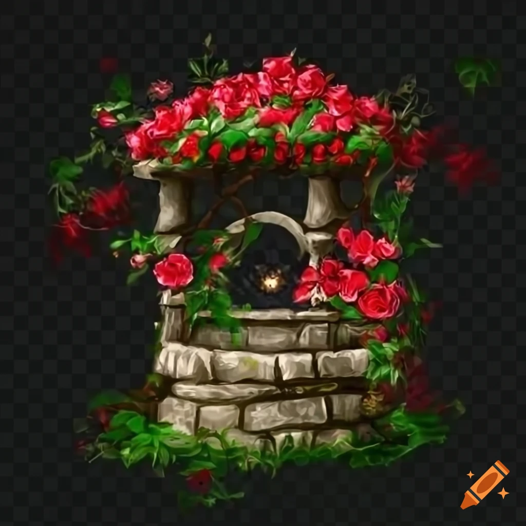 Hyper realistic stone and wood wishing well surrounded by vines and ...