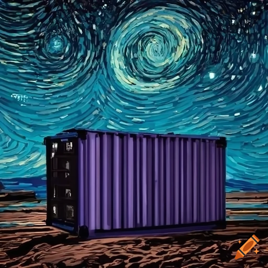 Starry night style shipping container artwork on Craiyon