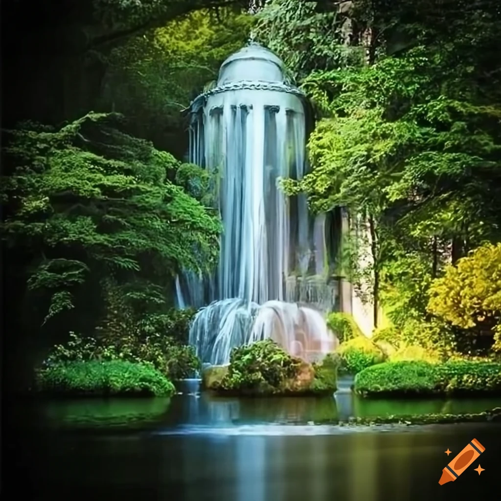 Beautiful victorian garden with a waterfall and intricate balcony on ...