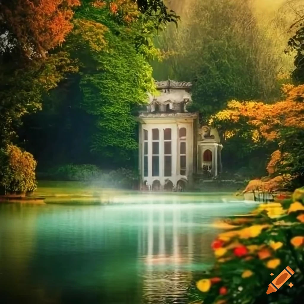 Victorian garden balcony with a view of a pond and waterfall on Craiyon