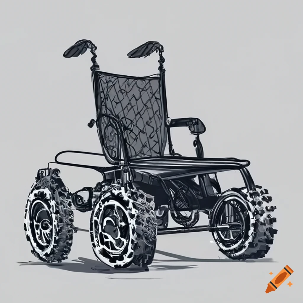 CAD-style wireframe of a motorized all-terrain wheelchair on Craiyon