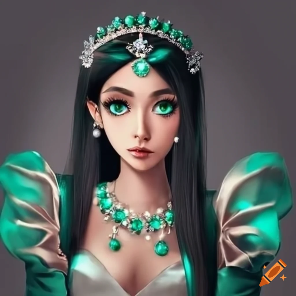 Portrait of a beautiful princess in a green satin dress on Craiyon