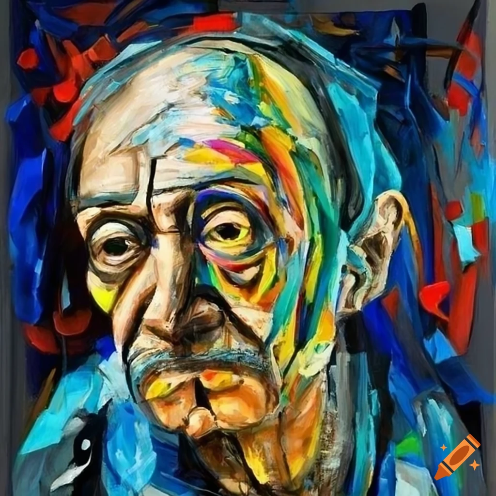 Colorful abstract painting of an old man in deep thought