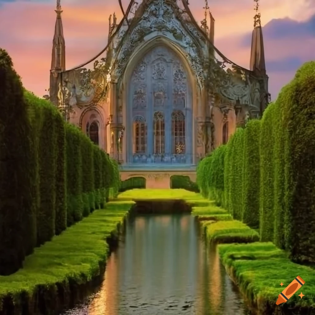 Garden palace with curved stairs and tall cathedral window on Craiyon