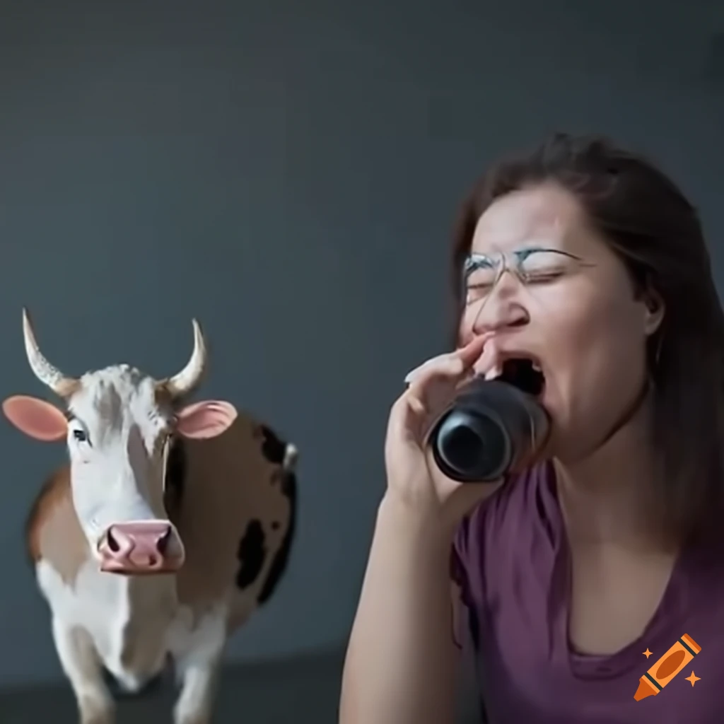 Funny illustration of a cow interrupting a singing woman on Craiyon