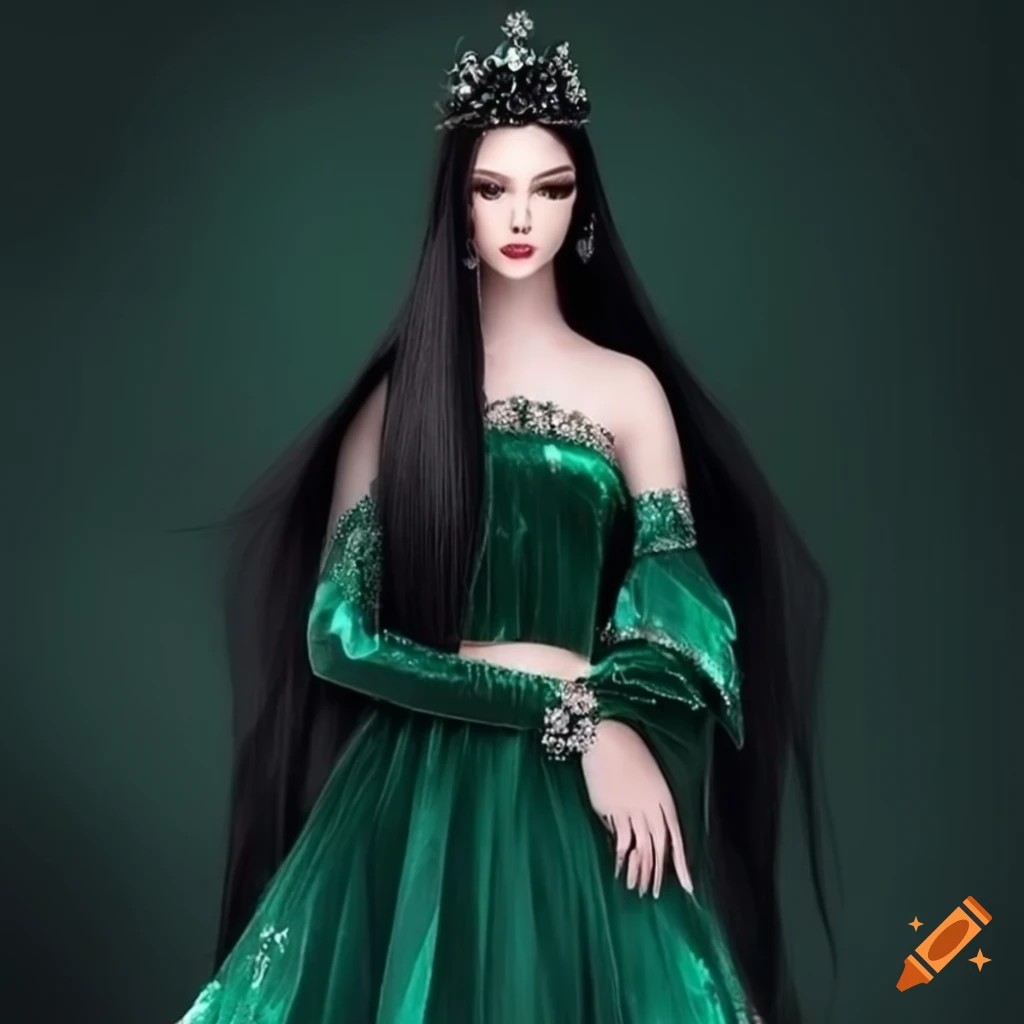 Dark-haired princess in a green sequin dress on Craiyon