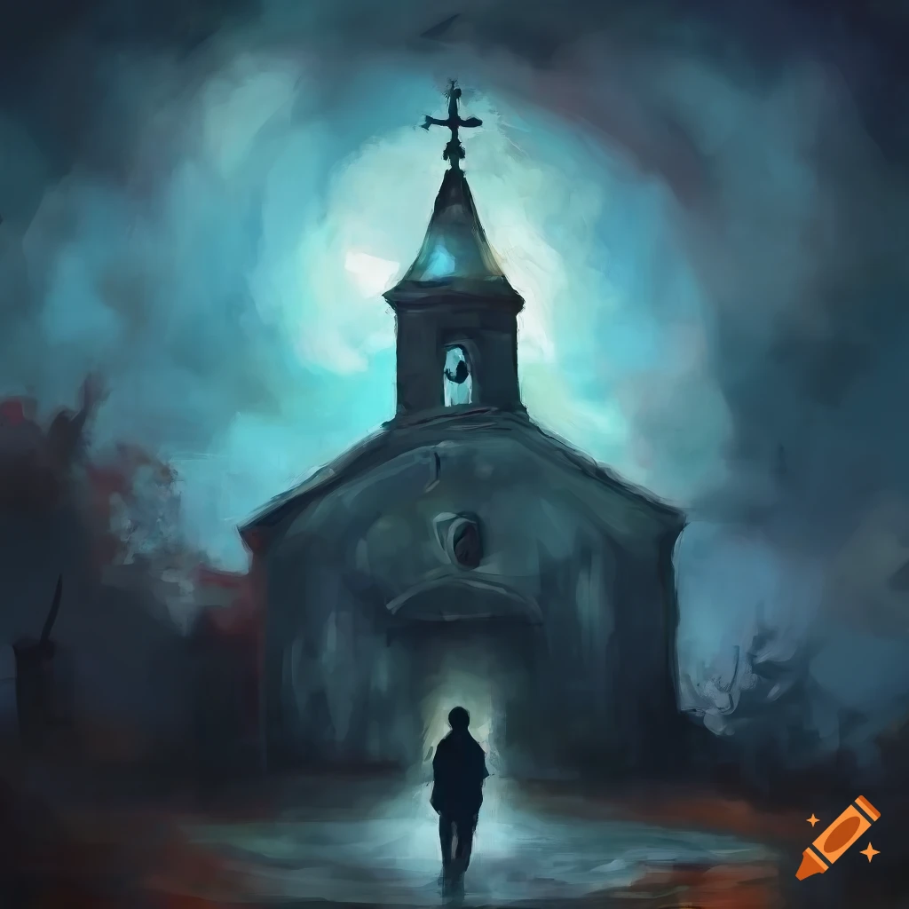 Painting of a man standing under a church bell at night