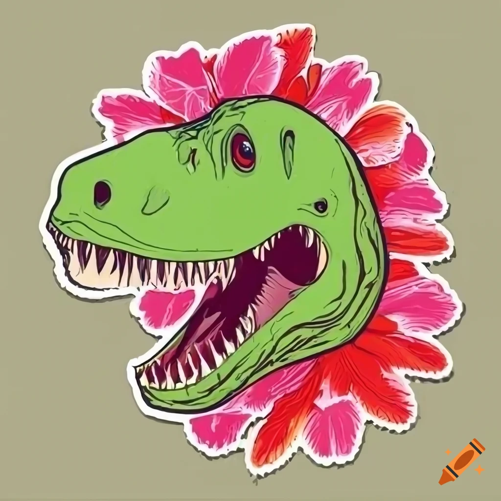 Illustration of a green tyrannosaurus rex with tropical flowers on Craiyon