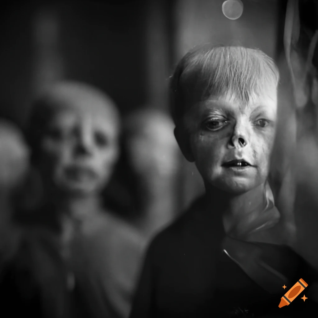 Close-up of pale and expressionless ghost train passengers on Craiyon