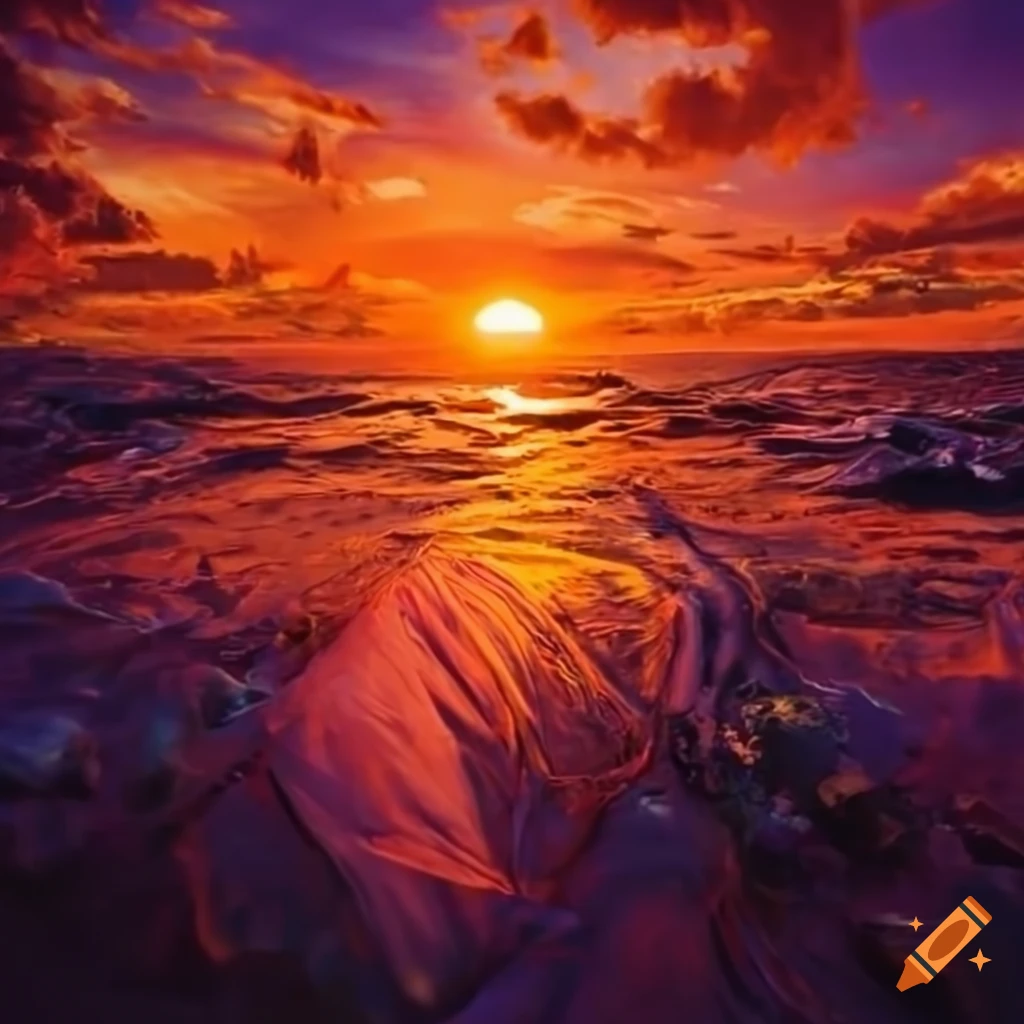 Idyllic red sand beach at sunset with a dying rose painted parasol on ...